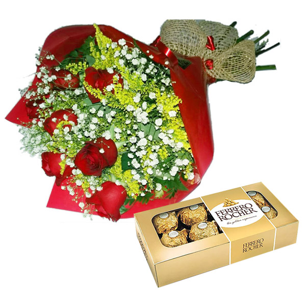 Bouquet com 06 Rosas Vermelhas + Ferrero Rocher